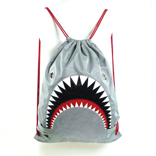 UNISEX WATER RESISTANT GREY NYLON SHARK BITE JAWS DRAWSTRING SACK BACK ...