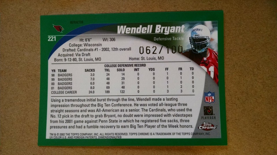 2002 Topps Chrome Black Refractor Wendell Bryant RC 62/100 Wisconsin ...
