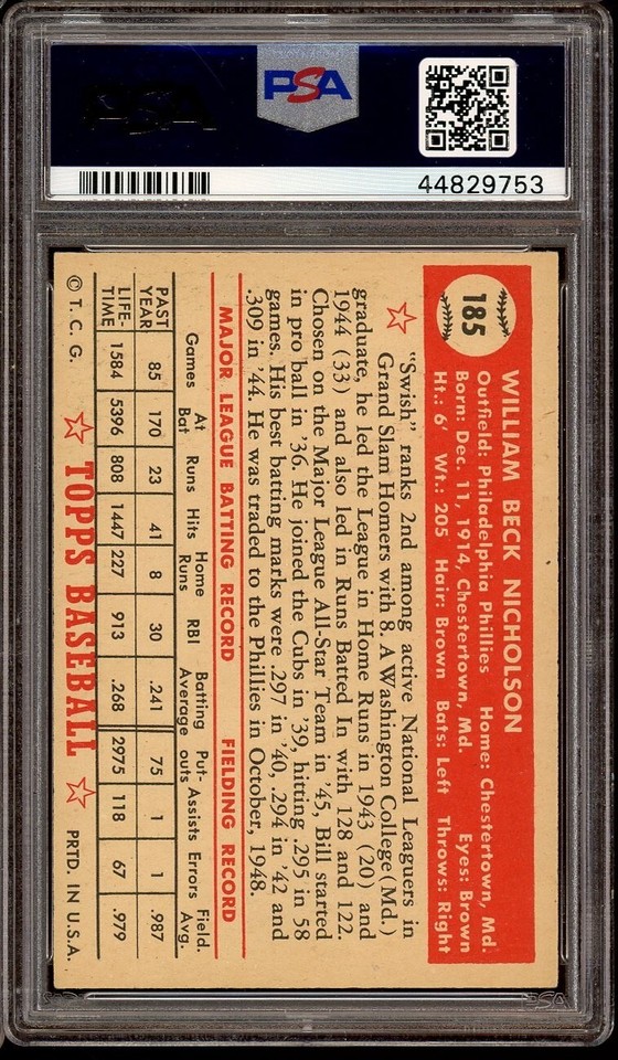 1952 Topps Baseball #185 Bill Nicholson PSA 6 | eBay