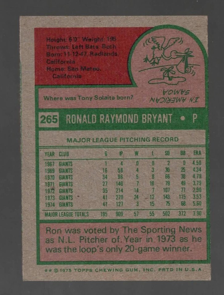 1975 Topps Ron Bryant San Francisco Giants #265 Excellent (oc) | eBay