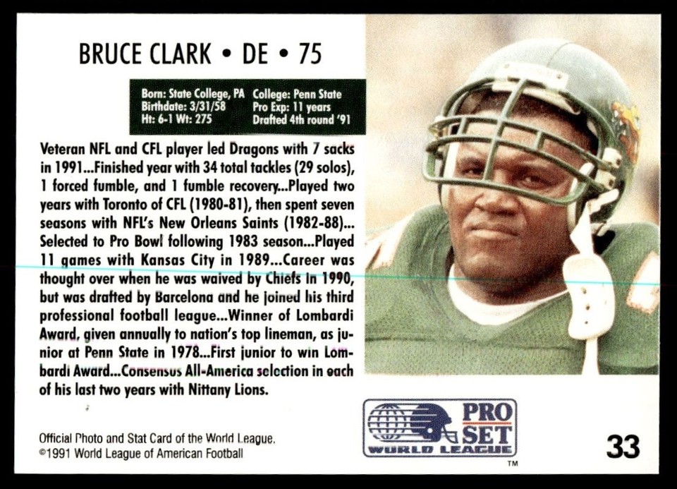 1991 Pro Set WLAF Bruce Clark Barcelona Dragons #33 | eBay