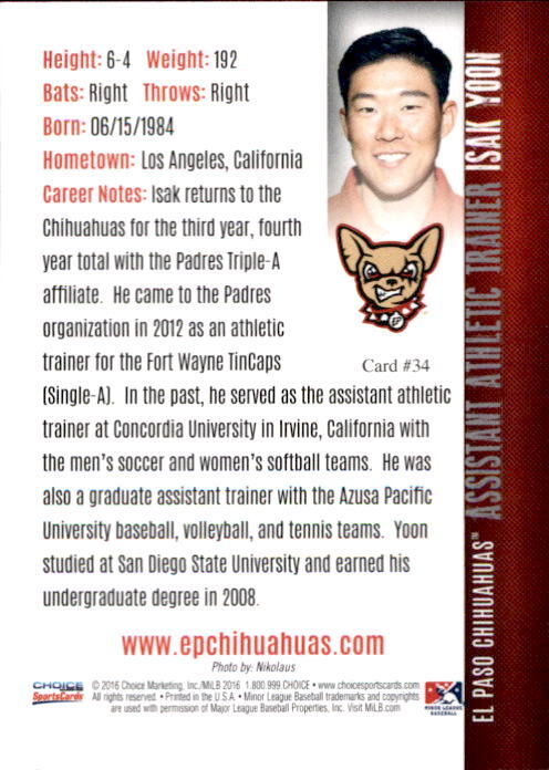 2016 El Paso Chihuahuas Choice 34 Isak Yoon Los Angeles California ...