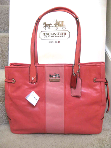 COACH 18962 Chelsea Leather Stripe Charlie Tote Bag Purse Coral ...