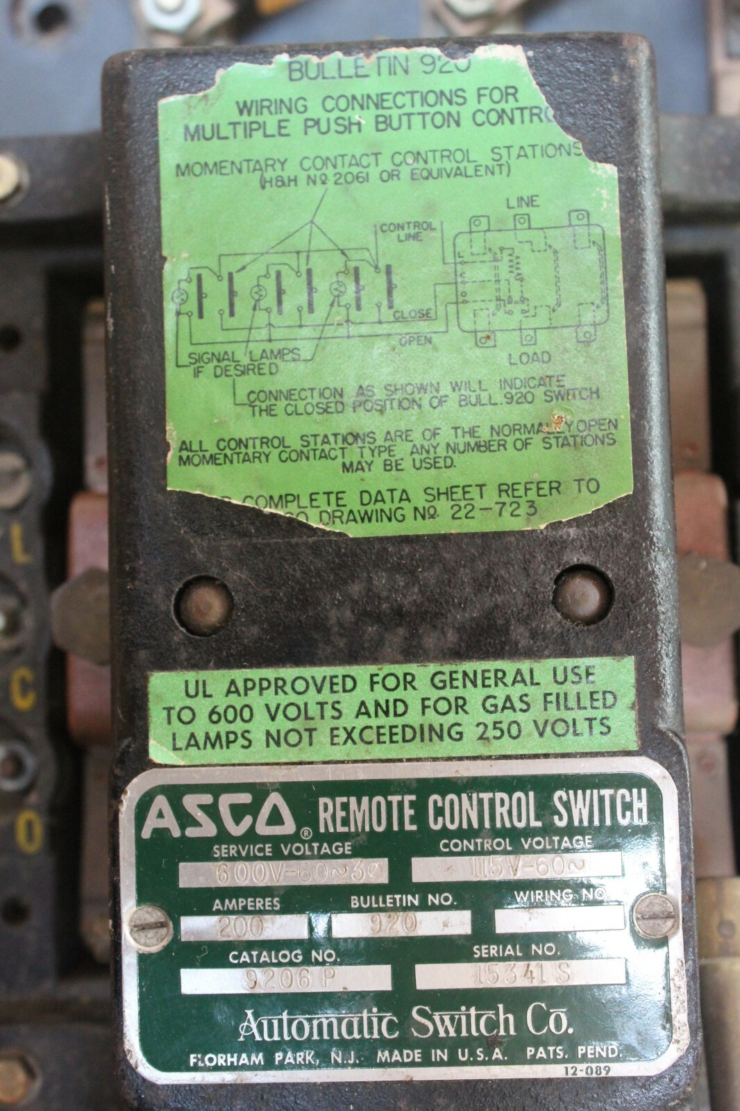 ASCO 920 Remote Control Switch Lighting Contactor 200 Amp 3 Pole 600 ...