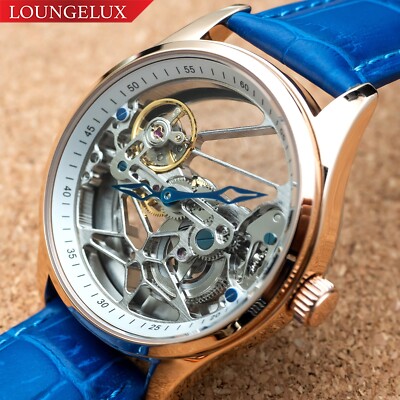 Mens Flywheel Bridge Movement Automatic Mechanical Watch Rose Gold Blue ...