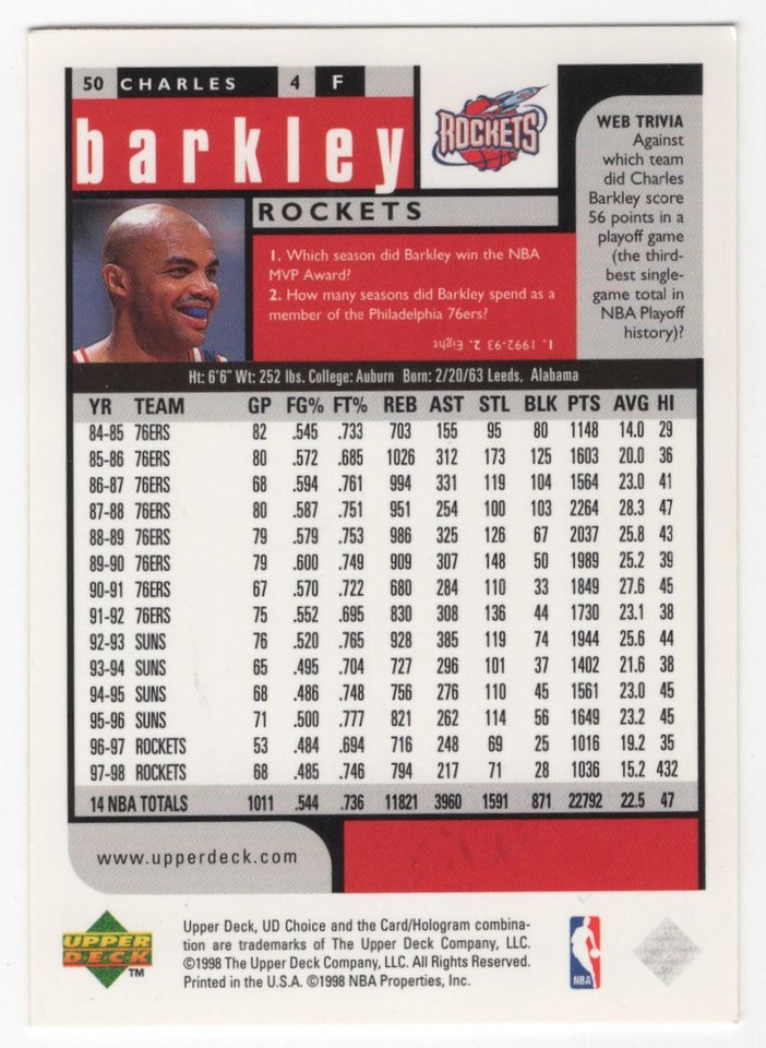1998-99 UD Choice Charles Barkley Houston Rockets #50 | eBay