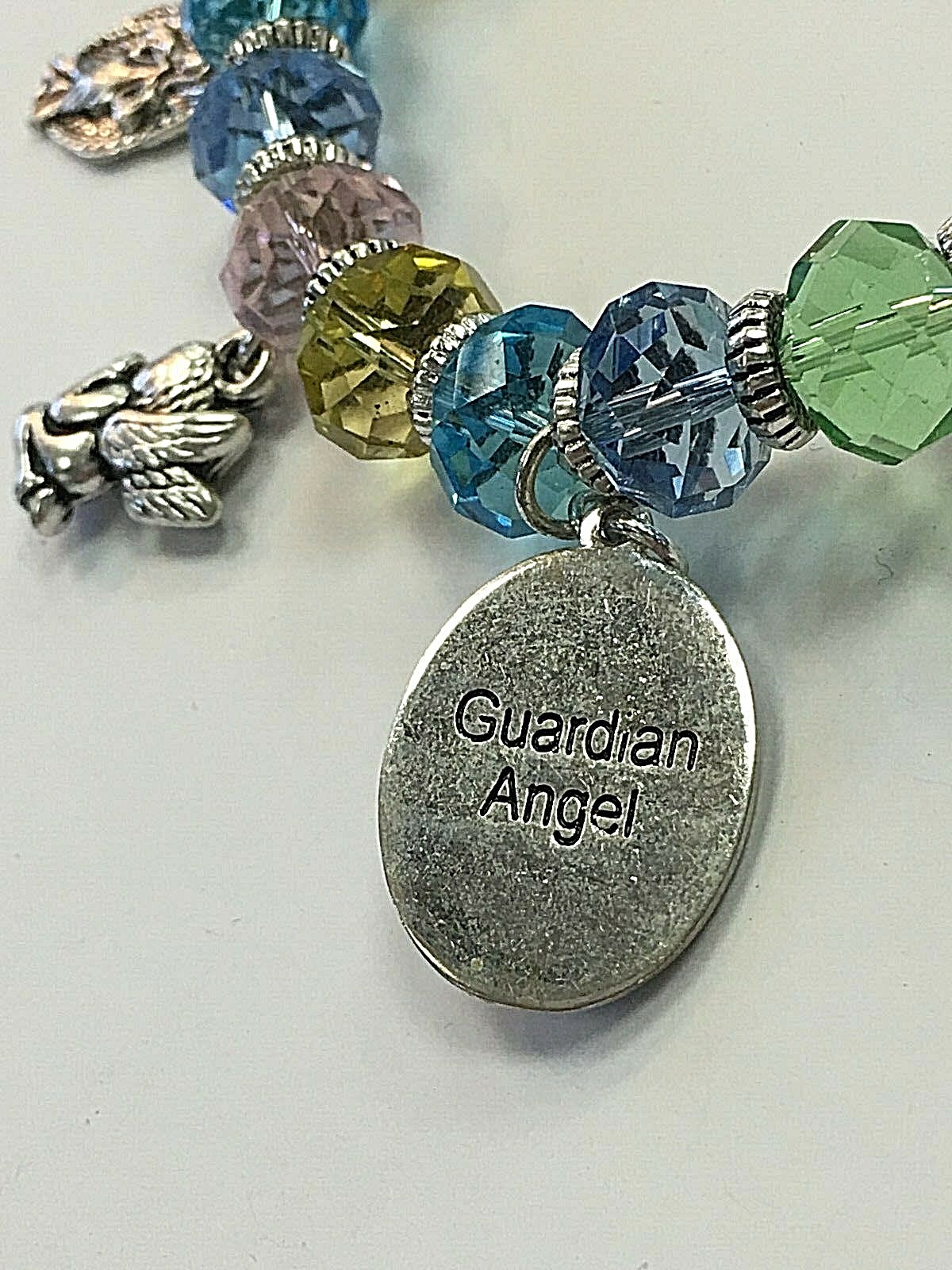 GUARDIAN ANGEL Lady Girl SILVER CHARM BRACELET BEAUTIFUL IRIDESCENT ...