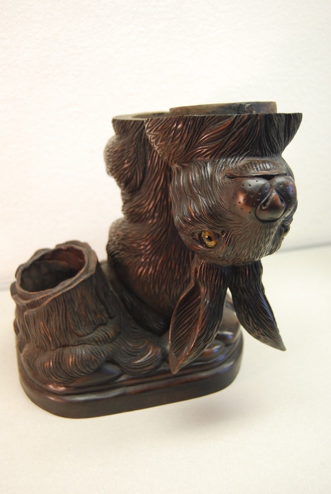 ANTIQUE TOBACCO JAR AUSTRIAN GERMAN BLACK FOREST WOOD CARVED RABBIT ...