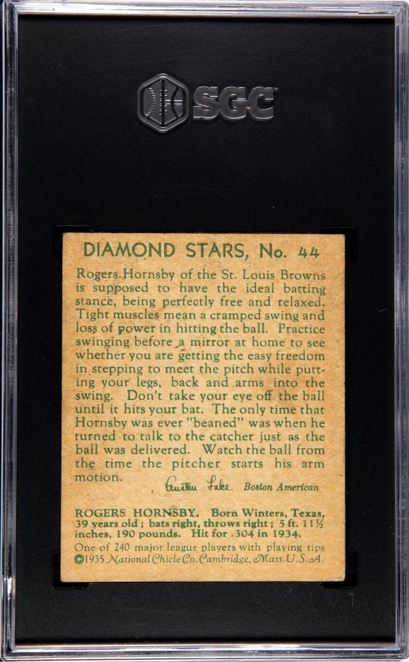 1934-36 Diamond Stars 1935 Rogers Hornsby #44 SGC 3.5 VG + SGC Pop 12 ...