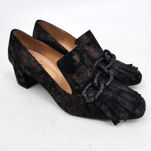 French Sole FS/NY Haylie Metallic Black Suede Leather Fringe Loafer Heel Shoe 9B | eBay