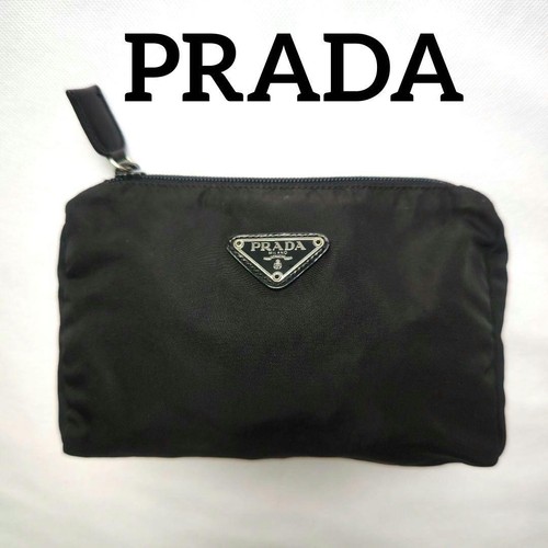 PRADA nylon pouch cosmetic pouch black triangle plate with white tag ...
