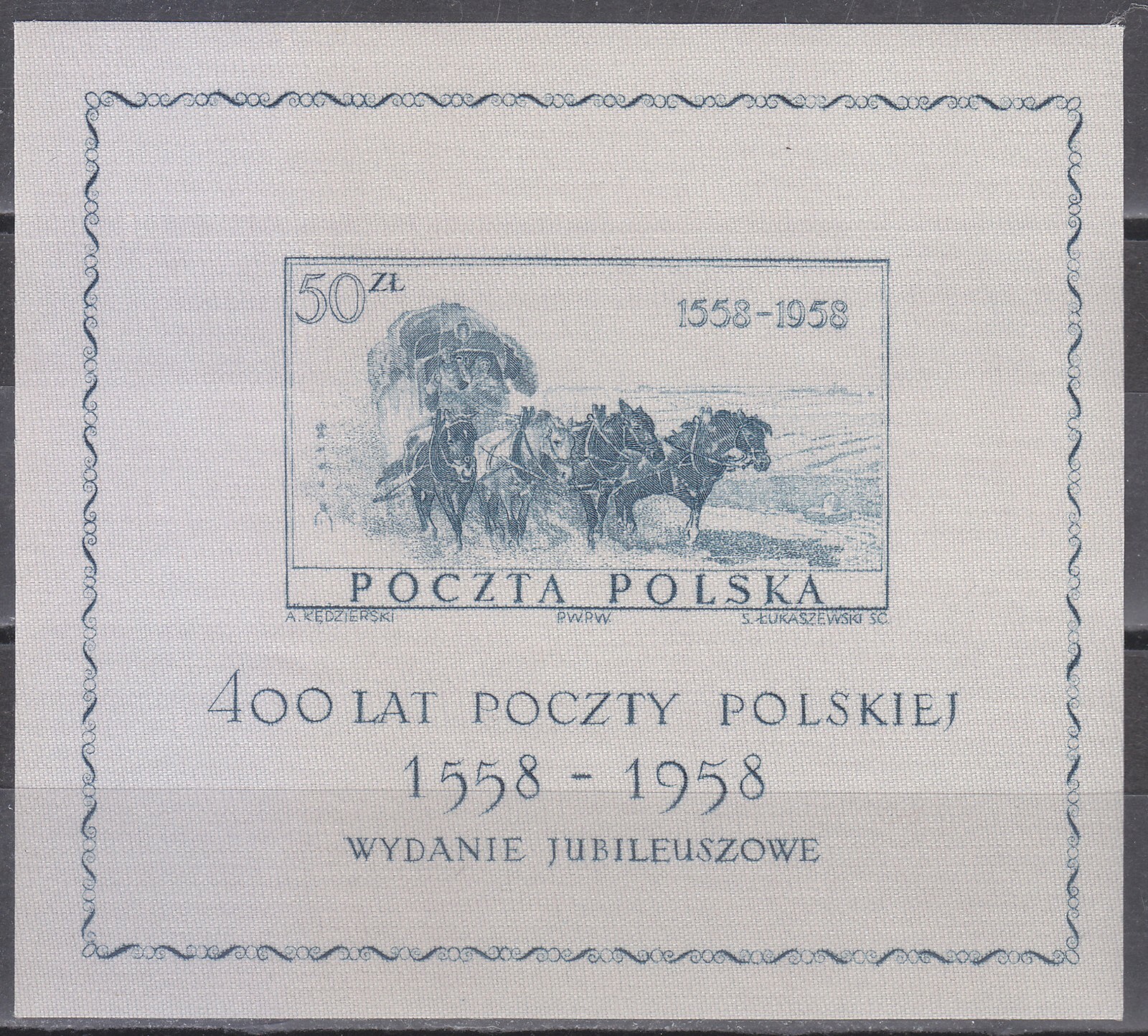Poland 1958 MNH Mi Block 22 Sc 830 Stagecoach. Polish post, Warsaw .On ...