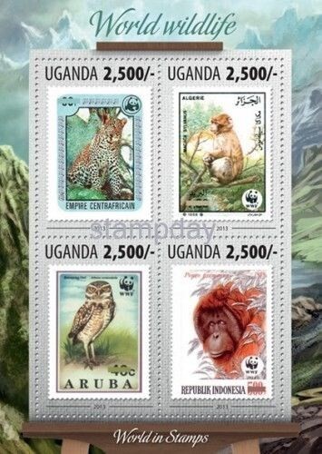 UGANDA 2013 STAMP ON STAMP WWF BIRDS FROG MONKEY STAMPS ON STAMPS ...