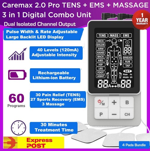 Caremax 2.0 TENS Machine EMS 3 in 1 Combo Microcurrent Unit Pain Relief ...