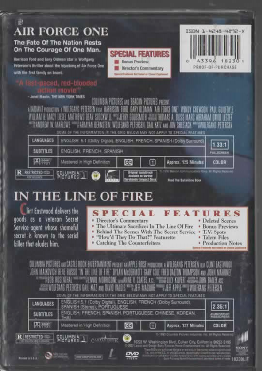 AIR FORCE ONE/IN THE LINE OF FIRE DOUBLE FEATURE DVD BRAND NEW SEALED ...