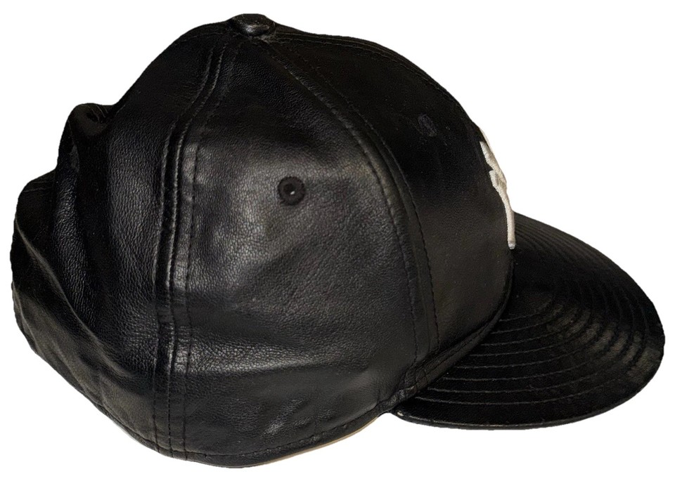 New York Yankees Black Leather New Era Fitted Hat Cap Mens Size 7 7/8 ...