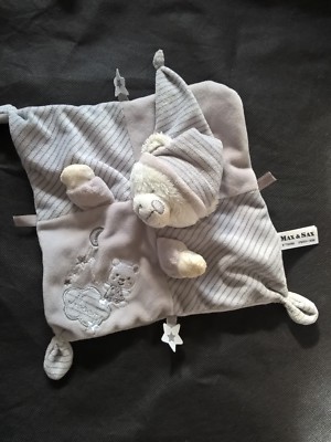 Doudou ours plat gris blanc max & et sax Moon lune nuage étoile bonnet ...