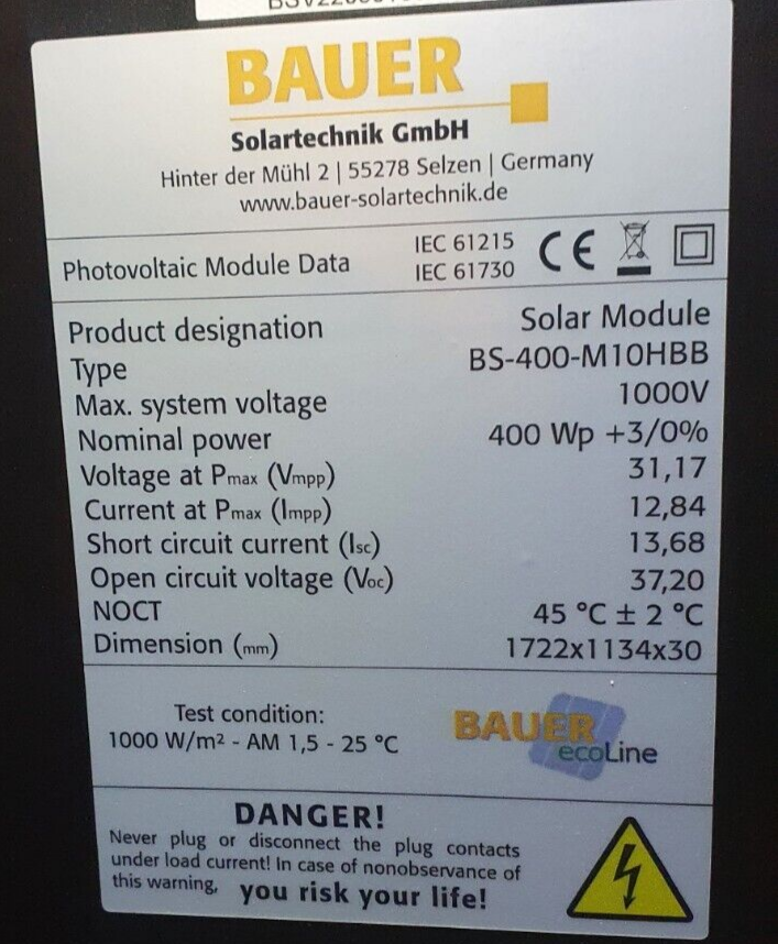 Sofort verfügbar Solarmodul Bauer BS-400-M10HBB 400Wp monokristallin ...
