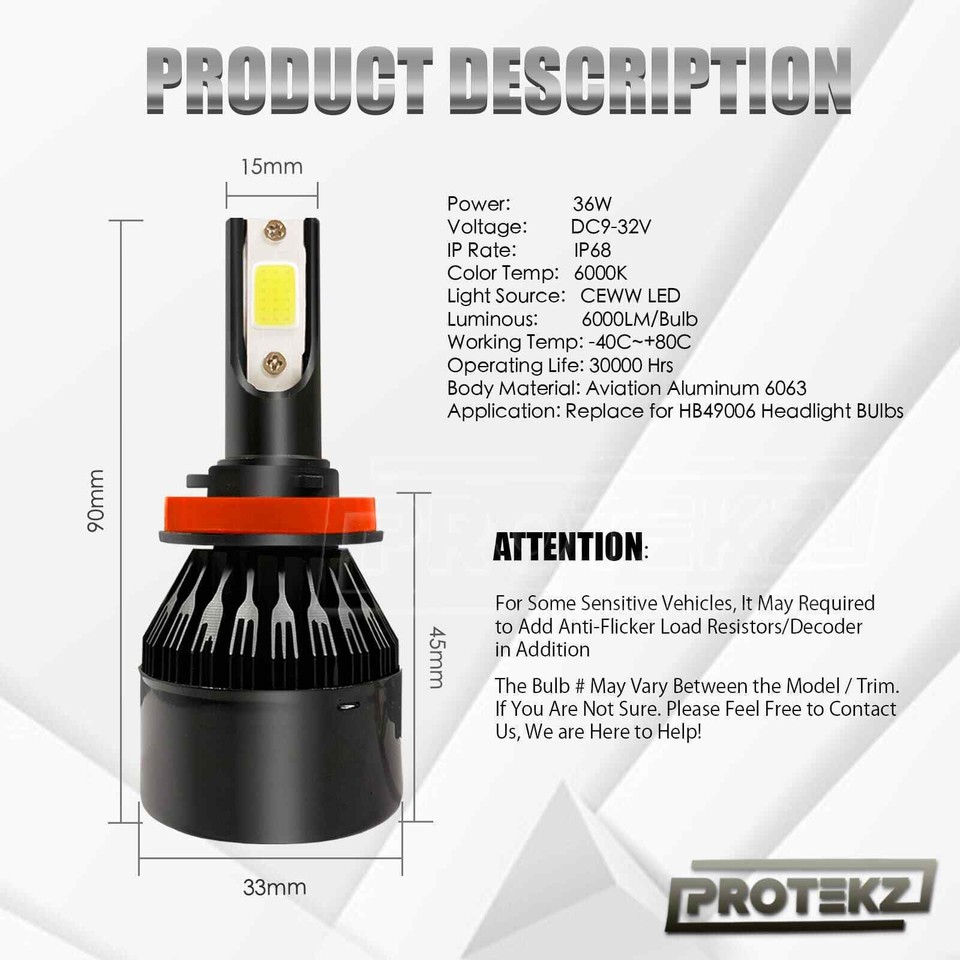 LED Headlight Kit H11 Bulbs Turbo CoolFan 6500K 60W 7200LM CREE COB ...