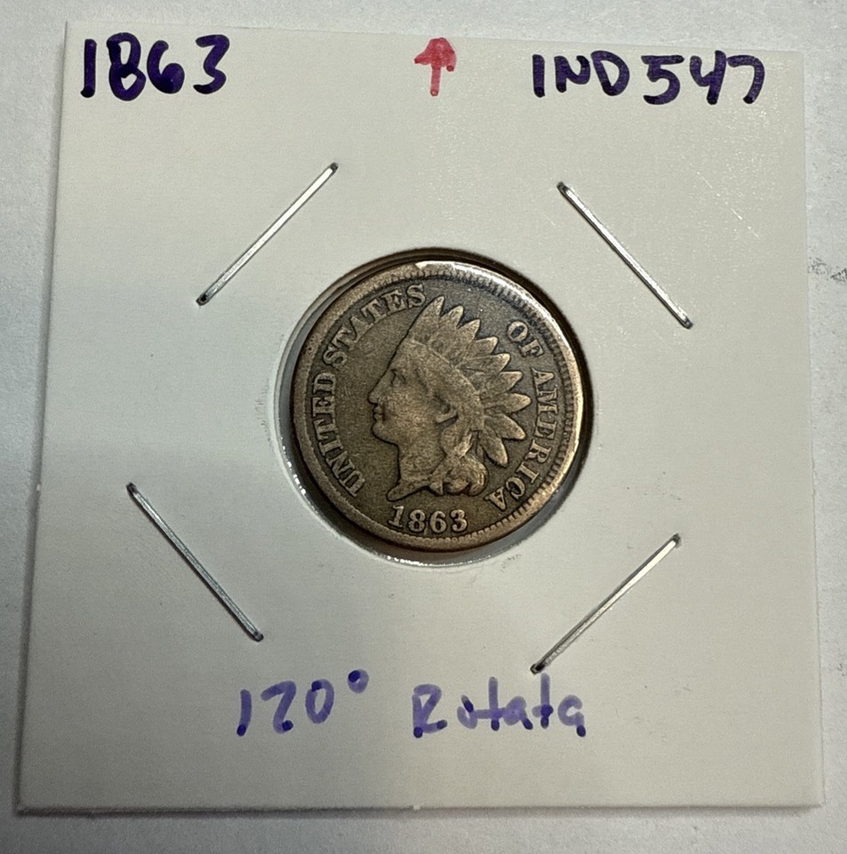 1863 Copper-Nickel Indian Head Cent ≈120° Rotated Die Exact Coin Imaged ...
