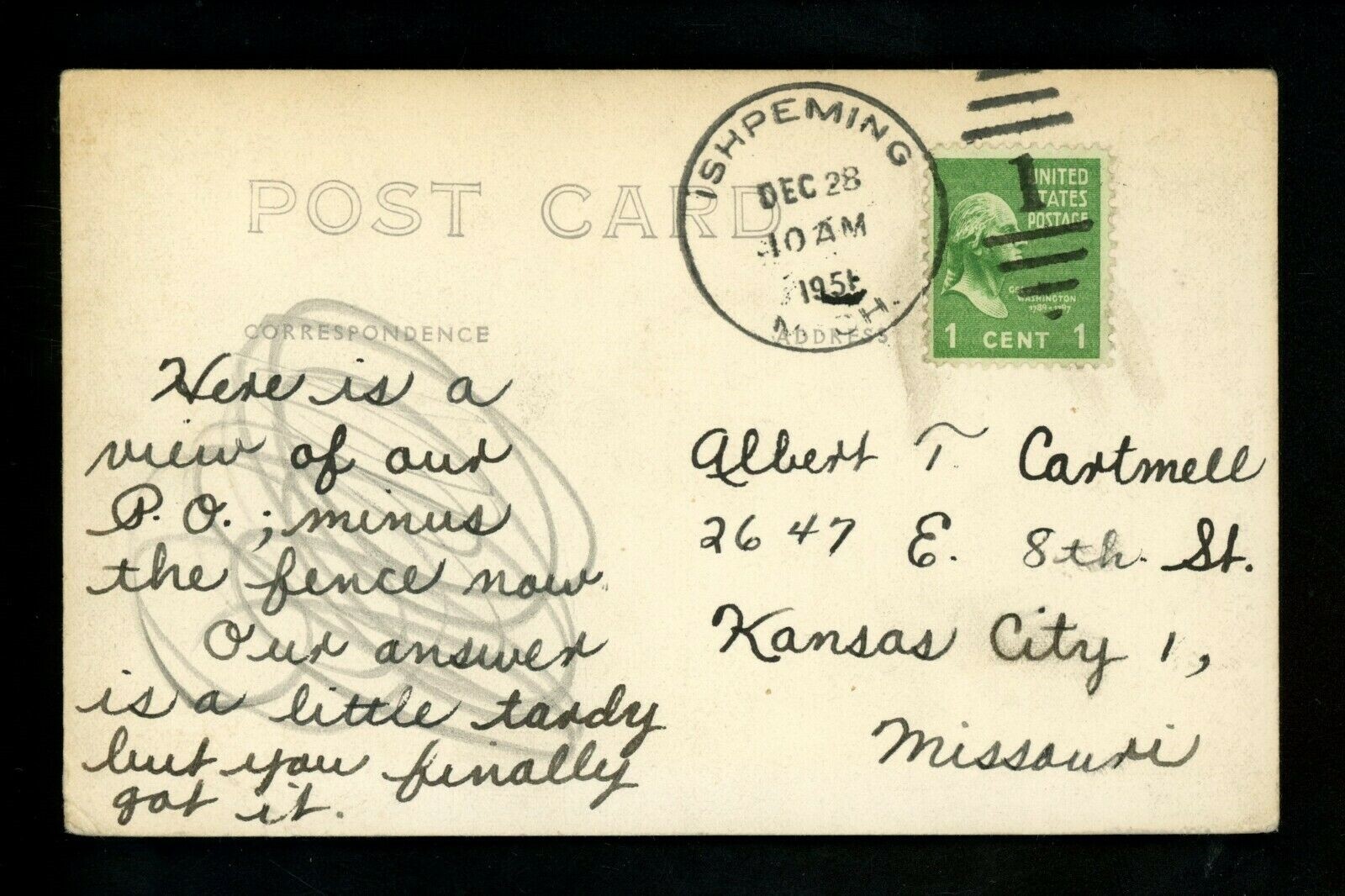 Post Office postcard Michigan MI Real Photo Ishpeming flag street ...