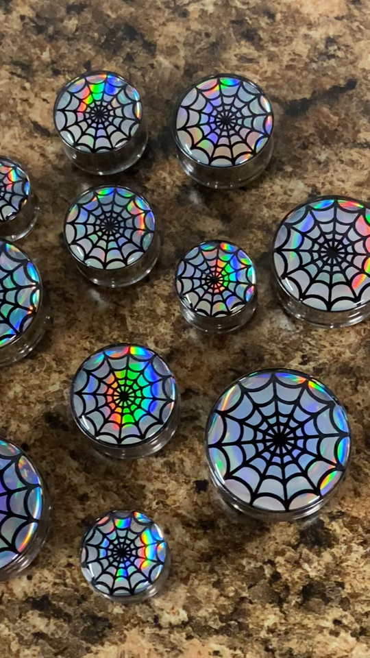 Spider Web Holographic Double Flare Picture Plugs (MTO-070) gauges pair ...