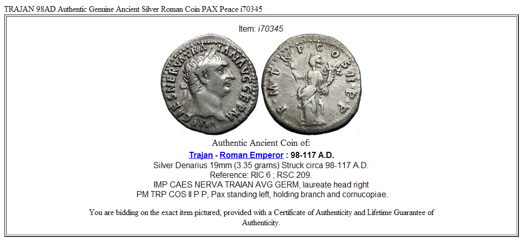 TRAJAN 98AD Authentic Genuine Ancient Silver Roman Coin PAX Peace ...