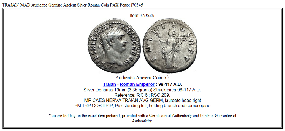 TRAJAN 98AD Authentic Genuine Ancient Silver Roman Coin PAX Peace ...