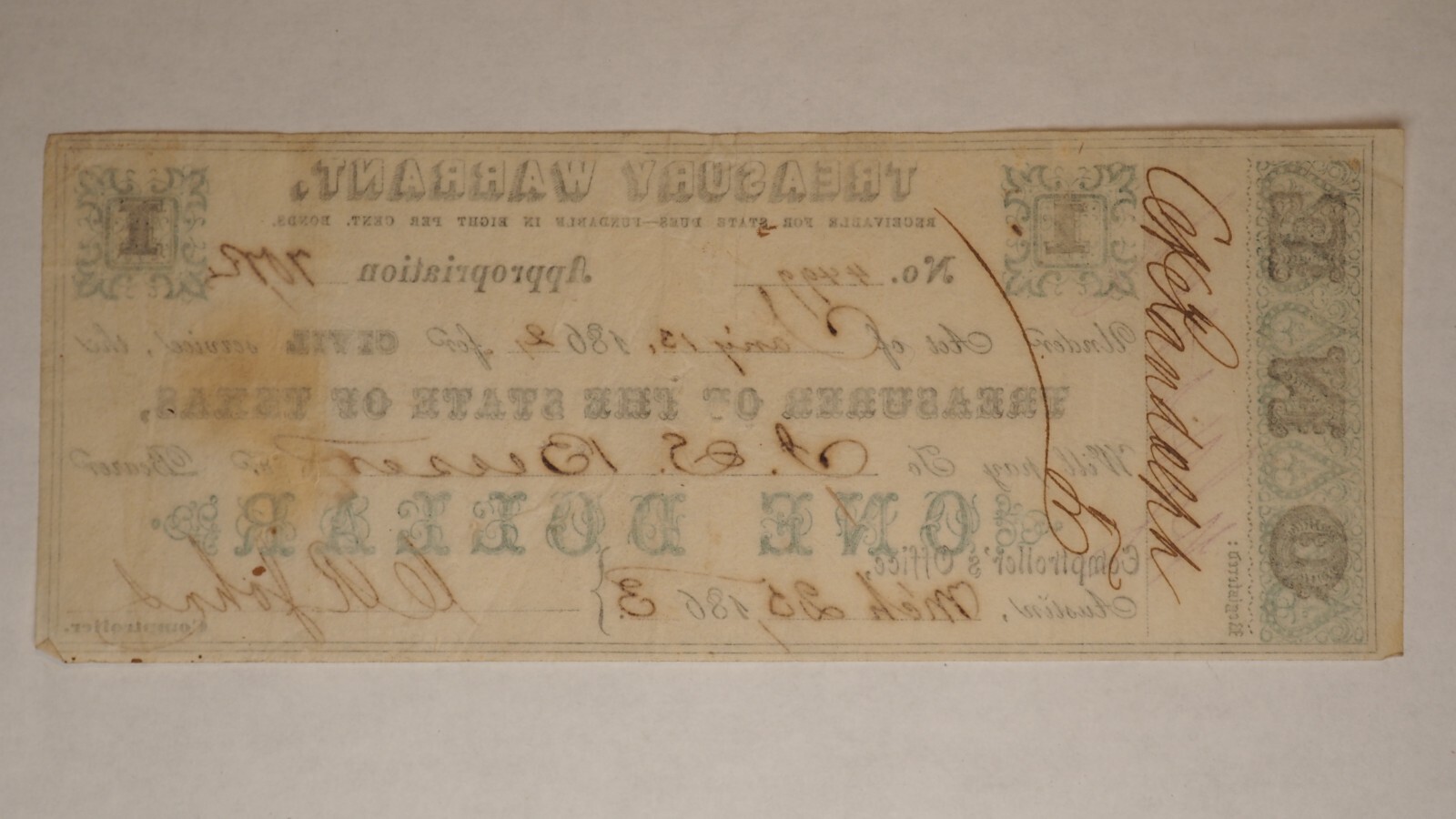 1863 TEXAS Treasury Warrant One Dollar $1 Bank Note **NICE**FREE ...
