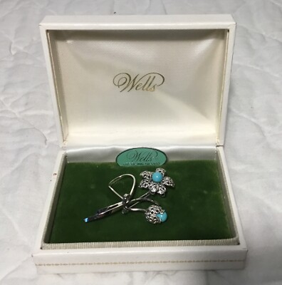 Vintage WELLS Filigree Flower Brooch Pin Sterling Silver Turquoise ...