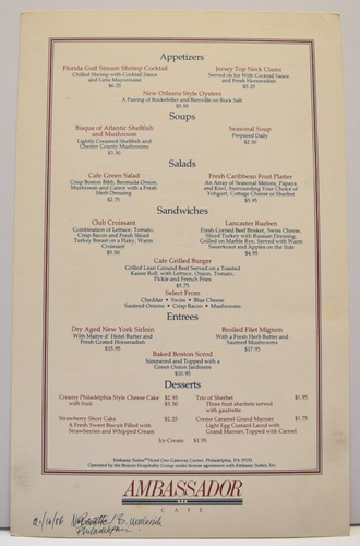 1986 Ambassador Cafe Menu Embassy Suits Hotel Gateway Center ...