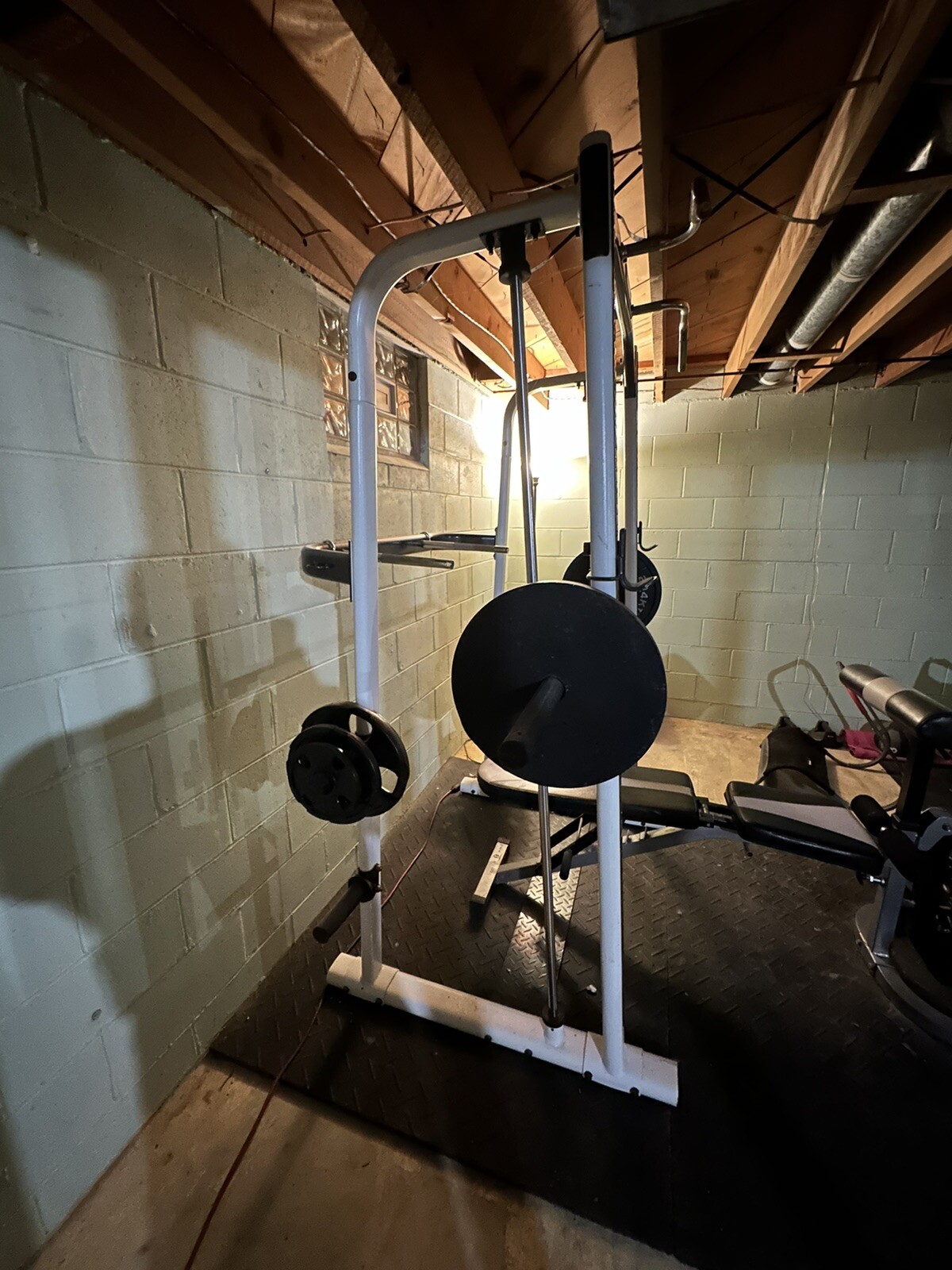 Smith Machine With 335 Pounds Of Weights + Free Weight Bar + Bench + 2 ...