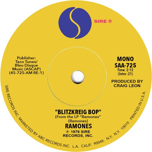 Ramones. Vinyl Record Label Sticker. Blitzkreig Bop. Punk. Sire Records ...