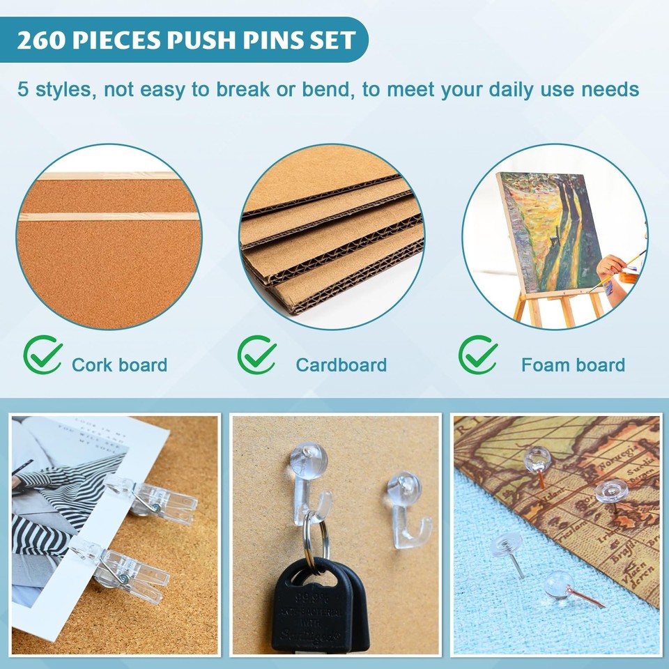 260 Pcs Push Pins Set 5 Styles Clear Thumb Tacks Map Pins Assorted Push ...