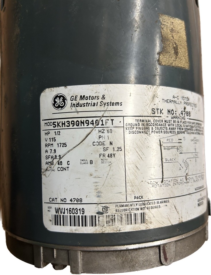 GE Motor Model#5KH39QN9401FT Stock#4708 1/2HP - 115V - 1725RPM - 1PH ...