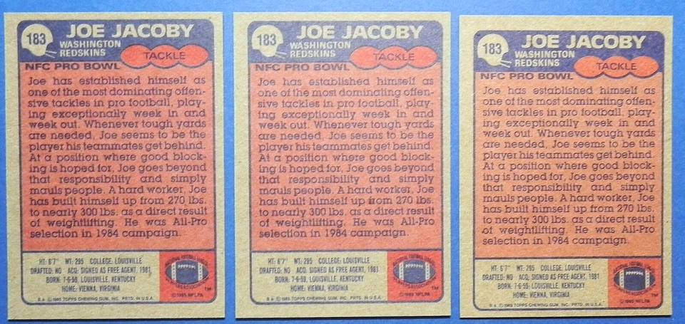 Joe Jacoby 1985 Topps Exact 3 Card Lot (J) #183 | eBay