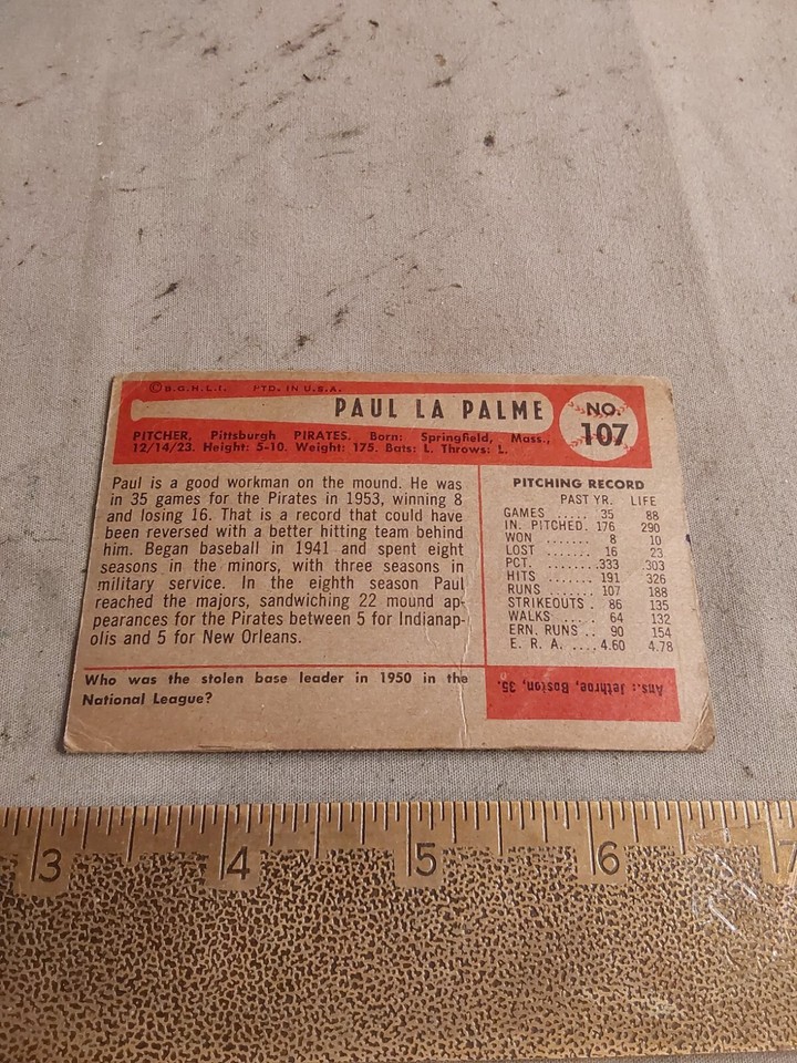 1954 Bowman Baseball No 107 Paul La Palme Pittsburgh Pirates | eBay