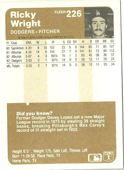 RICKY WRIGHT LOS ANGELES DODGERS #226 - FLEER NM-MT 1983 | eBay