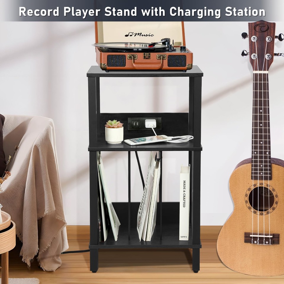 Record Player Stand with Charging Station, 3-Tier Wooden End Table ...