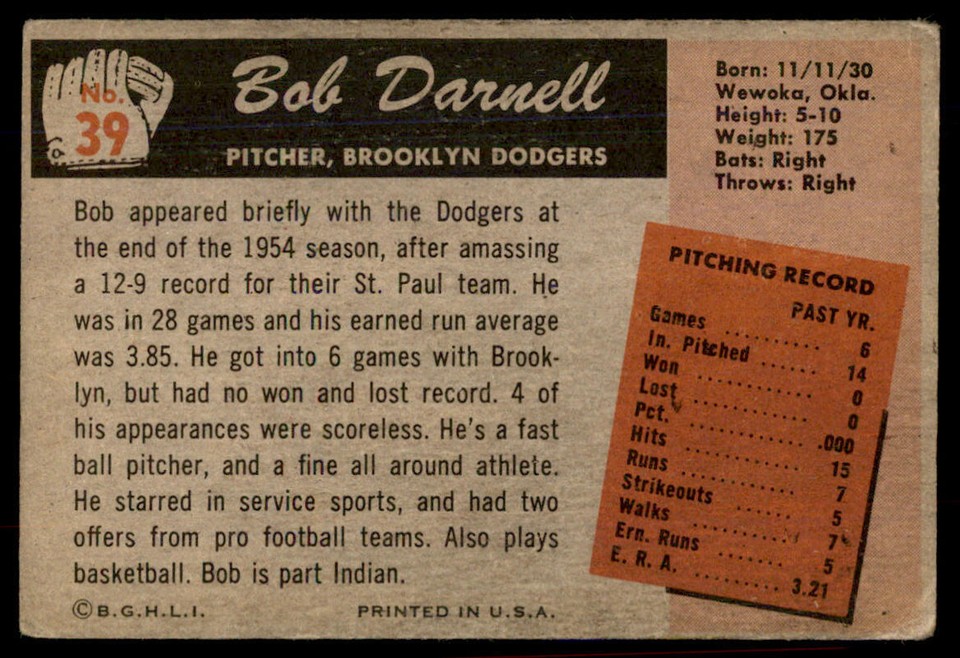 1955 Bowman #39 Bob Darnell Rookie Card (tape residue corner) | eBay