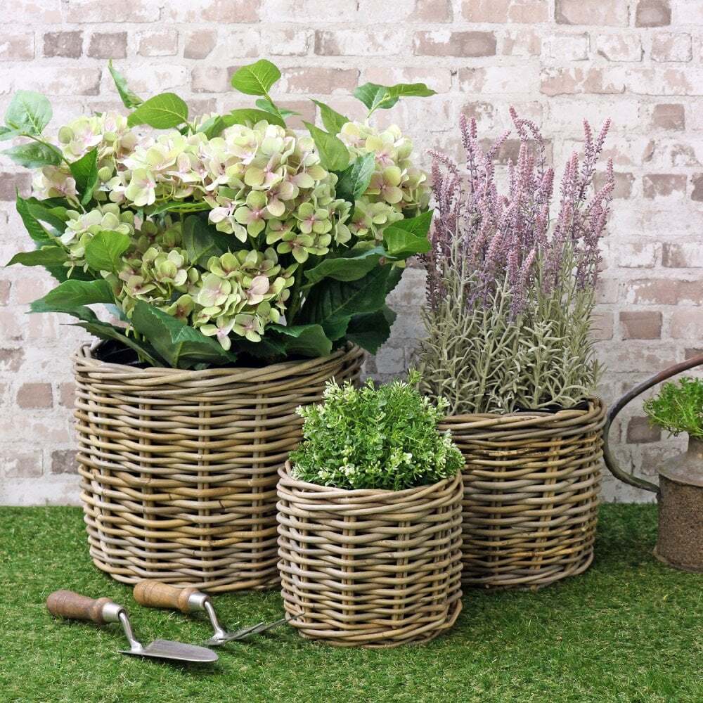 Grey & Buff Rattan Round Wicker Planter Plant Pot Flower Woven Lined ...