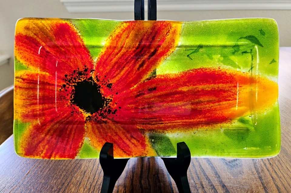 Kiln Art Glass FLORAL FLOWER Fused Trinket Dish Tray Plate by Sharon ...