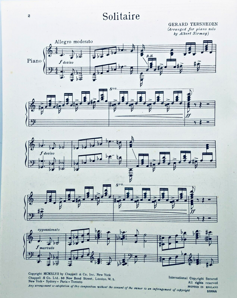 SOLITAIRE - 1947 UK Piano Solo sheet music - Gerard Tersmeden | eBay