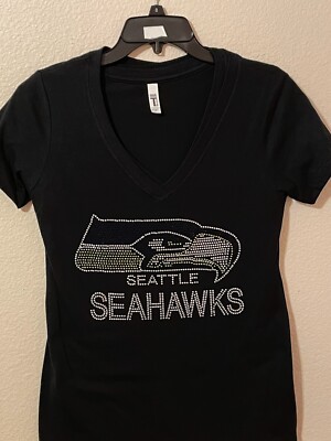 Seattle Seahawks Women’s Rhinestone Football V-neck T-Shirt Bling Size ...