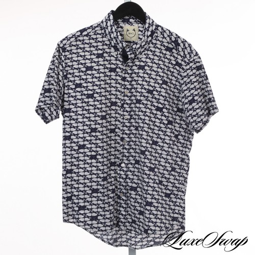 LNWOT WVG Wolf Vs. Goat Navy Allover White Whale Print Button Down Camp ...