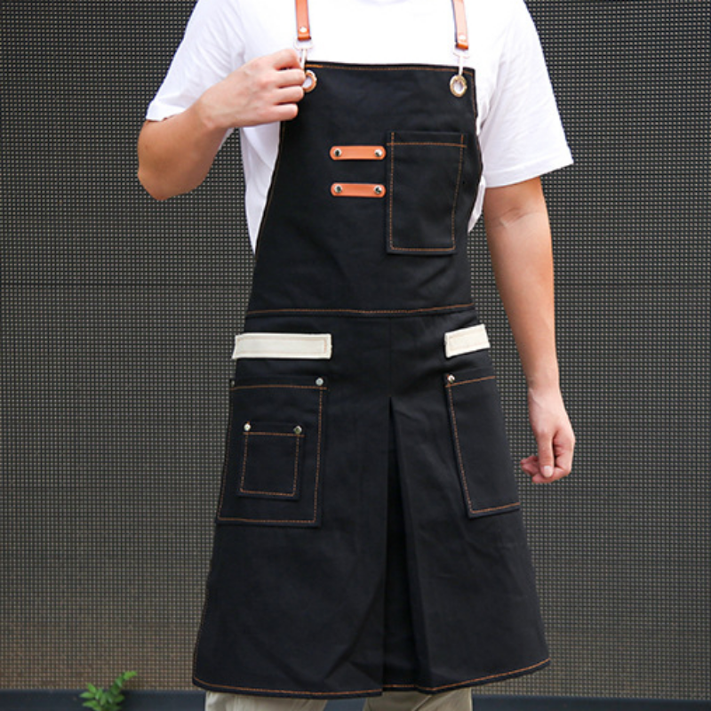 Denim Bib Apron Pu Leather Strap Gardener Cook Barista Waitress Work ...