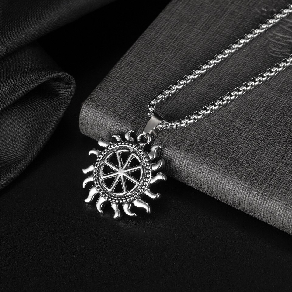 Men Silver Slavic Kolovrat Sun Wheel Pendant Necklace Chain Norse ...