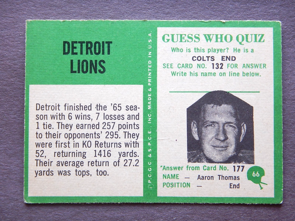 Detroit Lions Team #66 Philadelphia 1966 Football Card (Detroit Lions ...