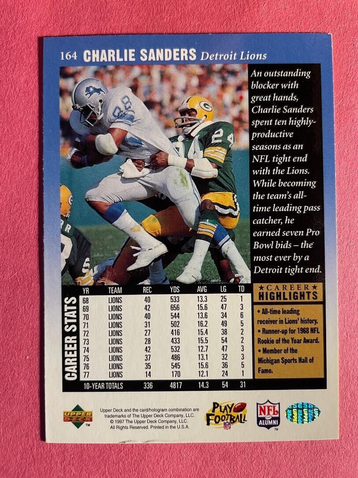 SIGNED CHARLIE SANDERS 1997 UPPER DECK FOOTBALL CARD AUTOGRAPH - LIONS ...