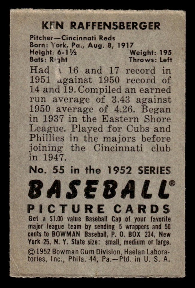 1952 Bowman Baseball #55 Ken Raffensberger VG/EX *f1 | eBay